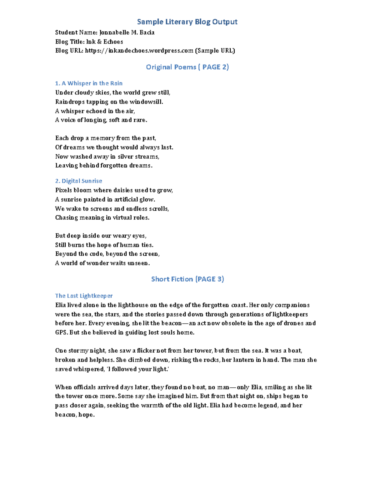 ENG 101: Sample Digital Poetry & Short Fiction Output - Studocu