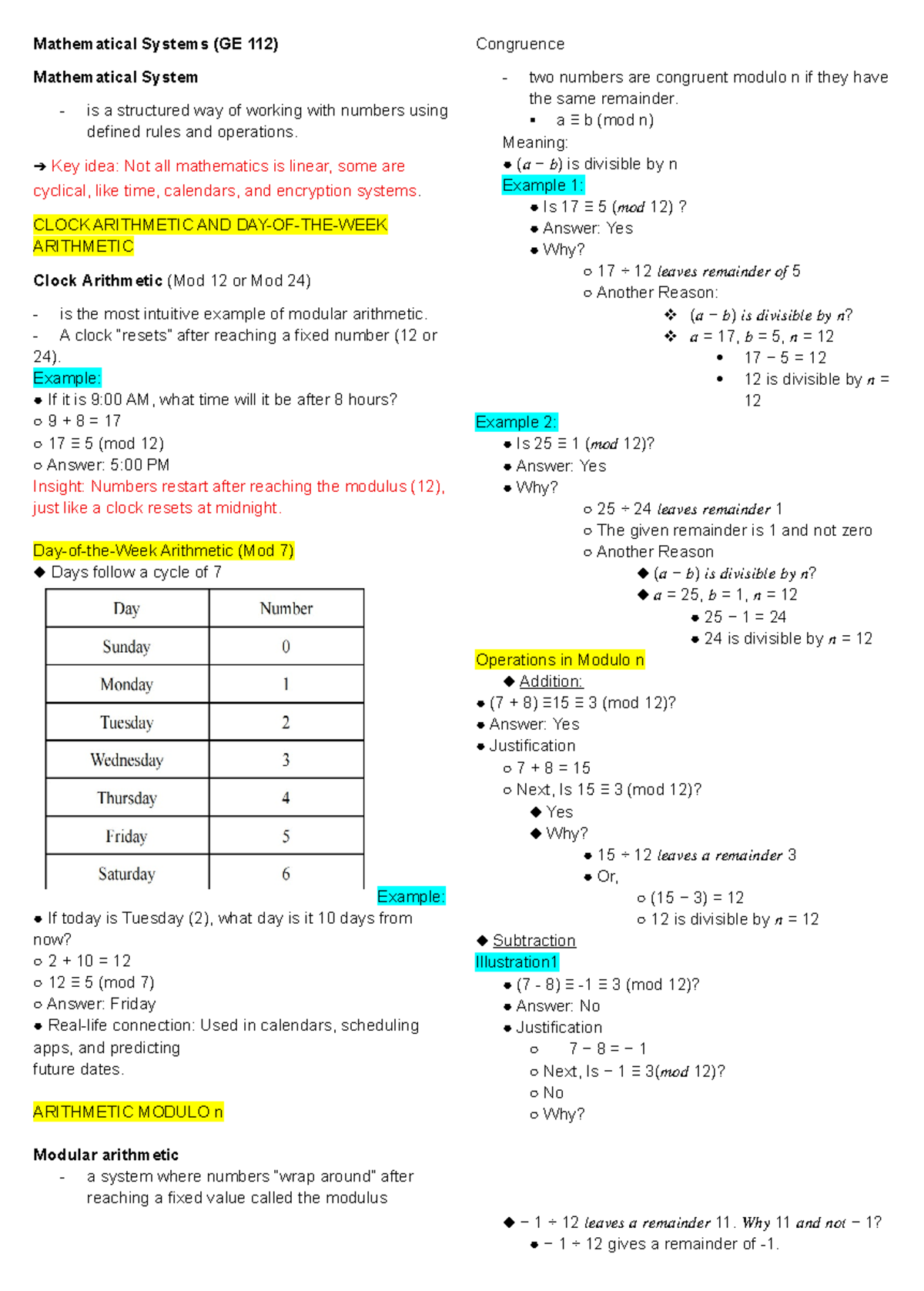 Mathematical Systems Review (GE 112) - Modular Arithmetic Insights ...