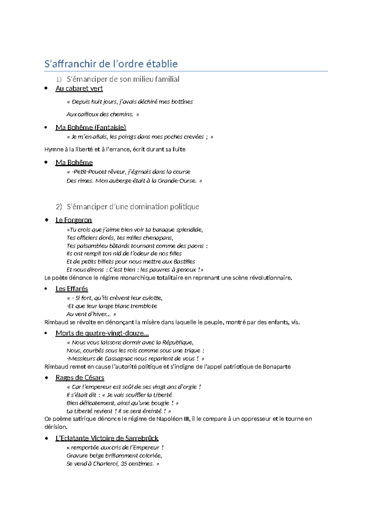 Analyse des Poèmes d'Arthur Rimbaud - Cahiers de Douai - Studocu