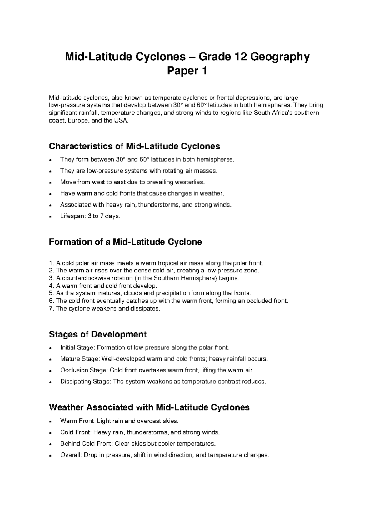 Mid Latitude Cyclones - Grade 12 Geography Paper 1 - Studocu