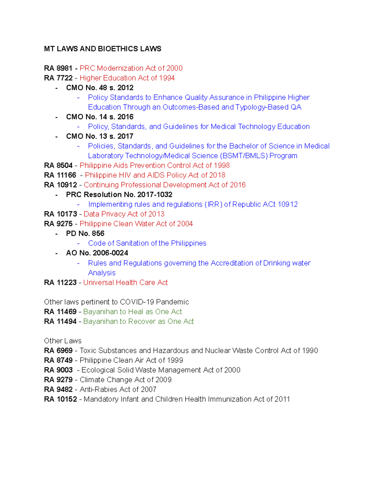 MT Laws and Bioethics: Key Legislation Overview - Studocu