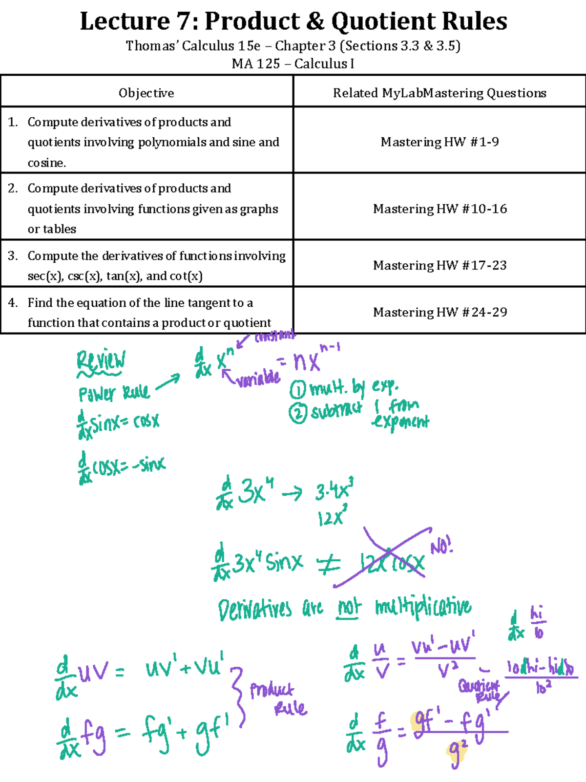 Lecture 7: Product & Quotient Rules - MA 125 Calculus I - Lecture 7 ...