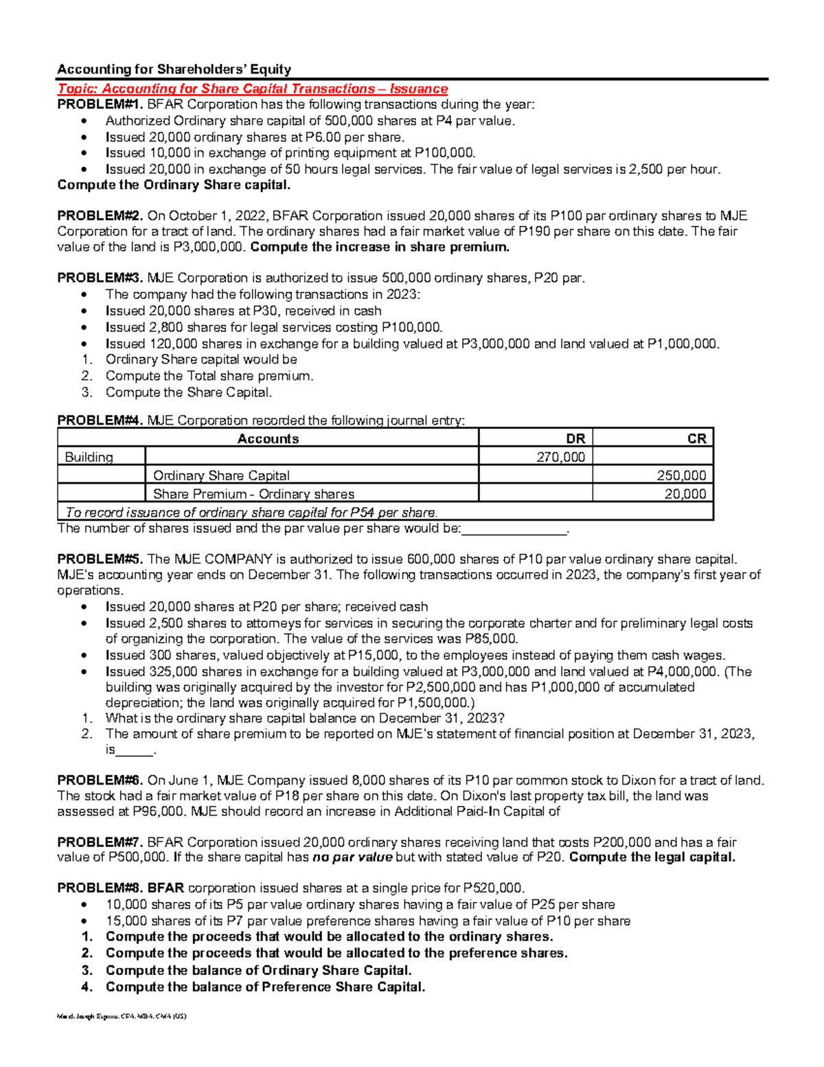Q4 DP Accounting for Corporation: Share Capital Transactions and ...