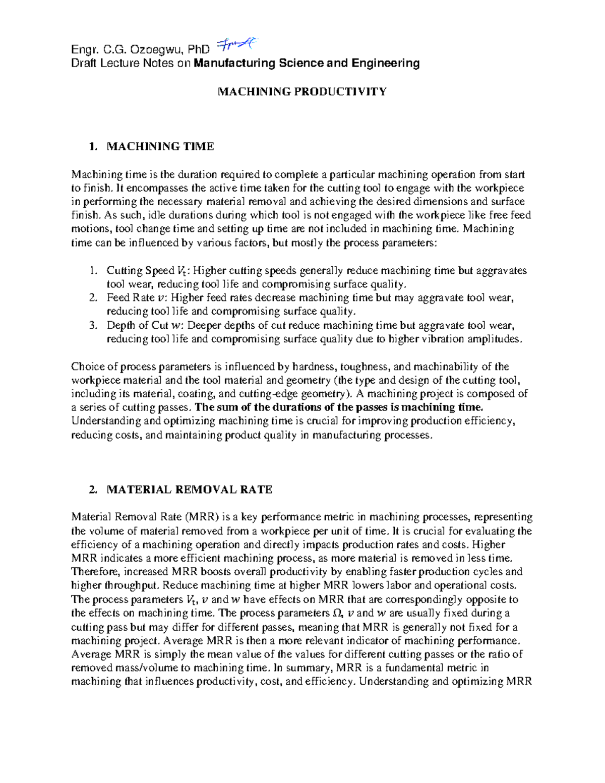 MACH 101 Final Lecture Notes on Machining Productivity and Efficiency ...
