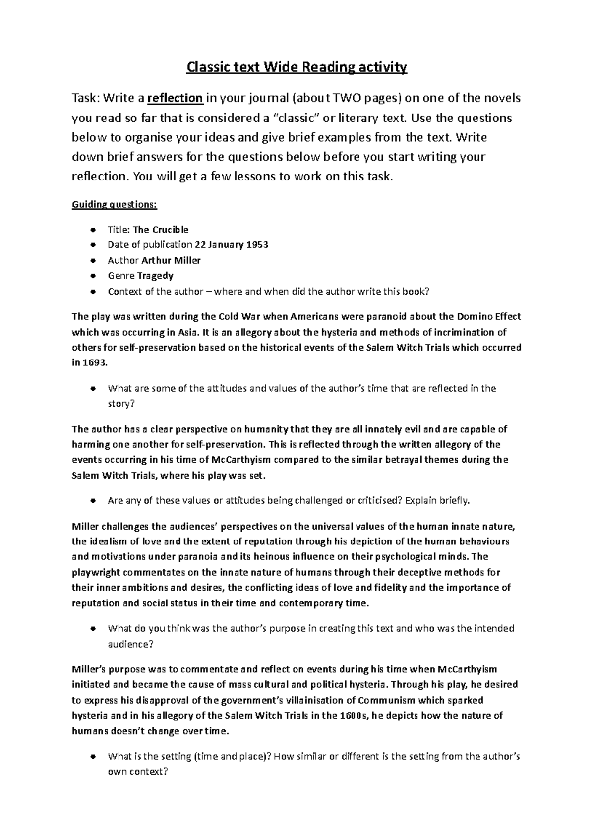 ENG 101: Reflection on Arthur Miller's The Crucible Analysis - Studocu