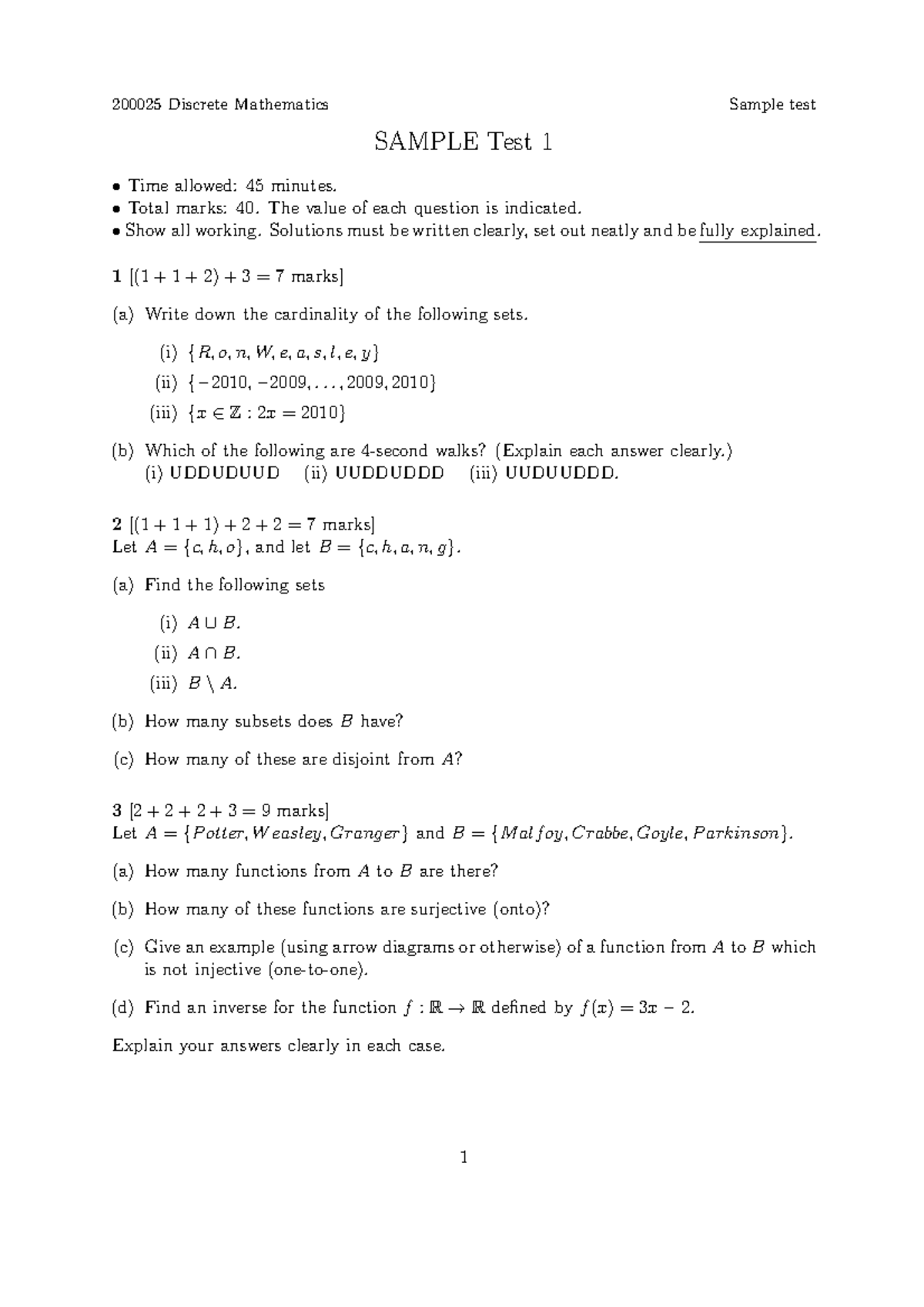 DM sample class test 1 2021 Autumn - 200025 Discrete Mathematics Sample ...