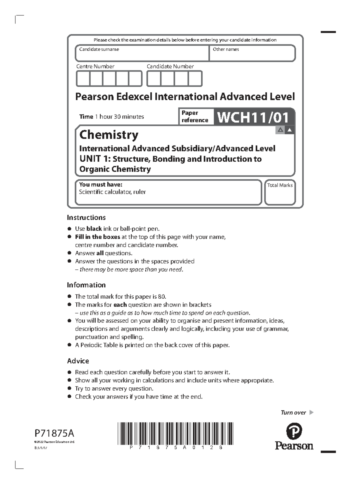 OCT 2022 IAL Chemistry UNIT 1 Exam Paper - Structure & Bonding - Studocu