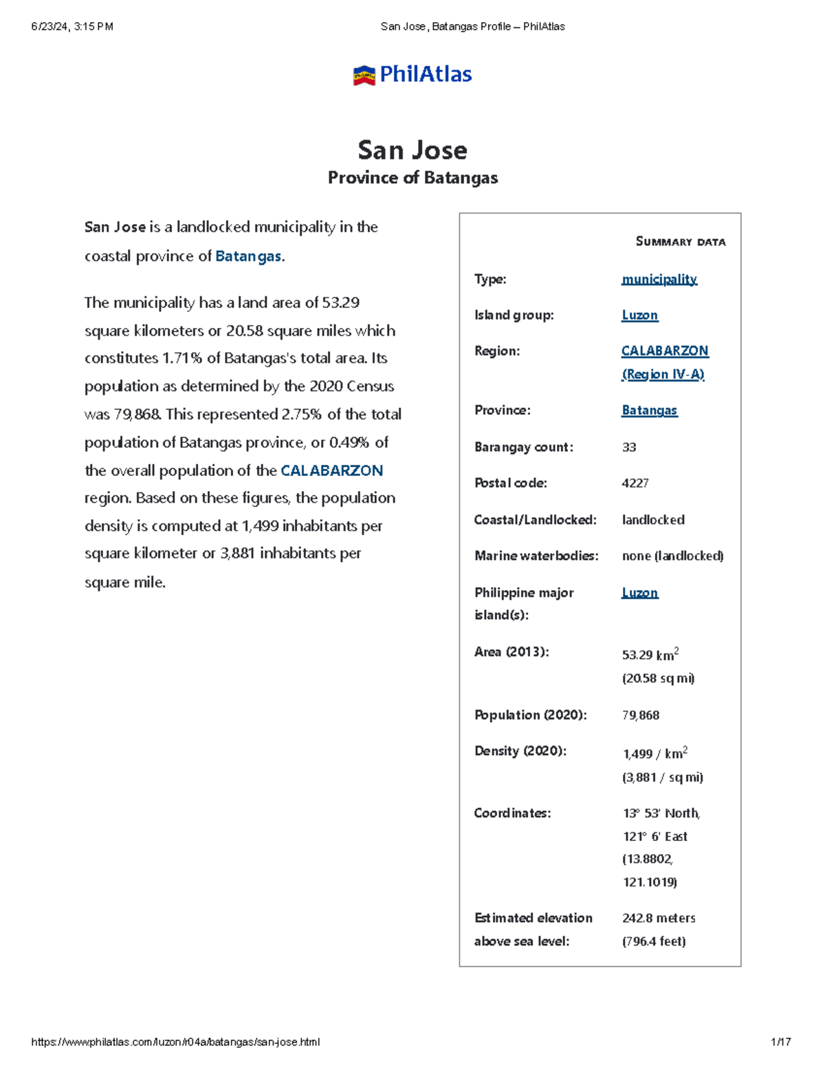 San Jose, Batangas Profile Overview – Phil Atlas Document - Studocu