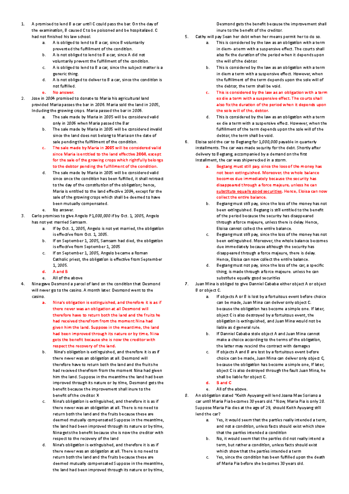 LAW Deptals Questionnaire Answer Key: Solidarity in Obligations - Studocu