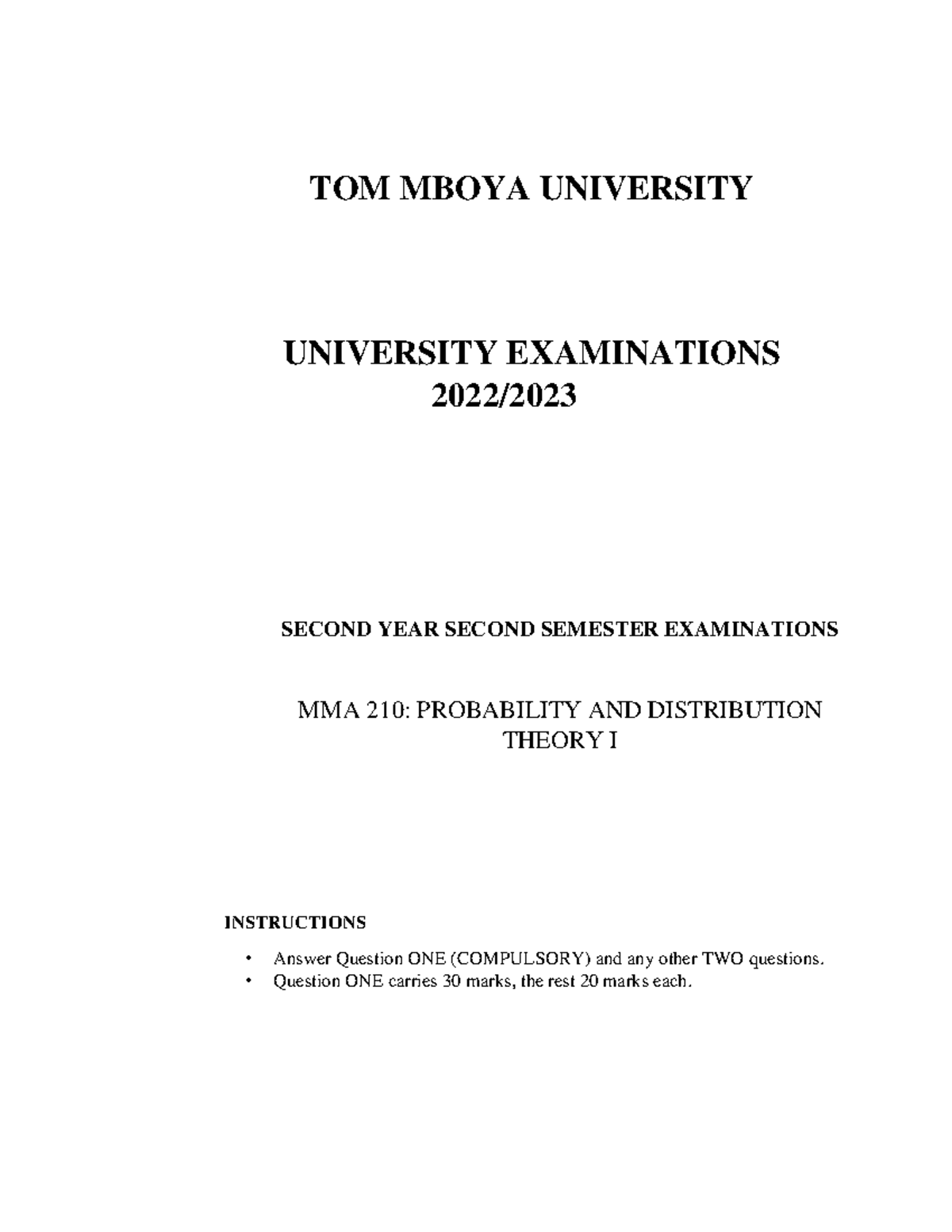 MMA 210: Probability & Distribution Theory Exam Revision Notes - Studocu
