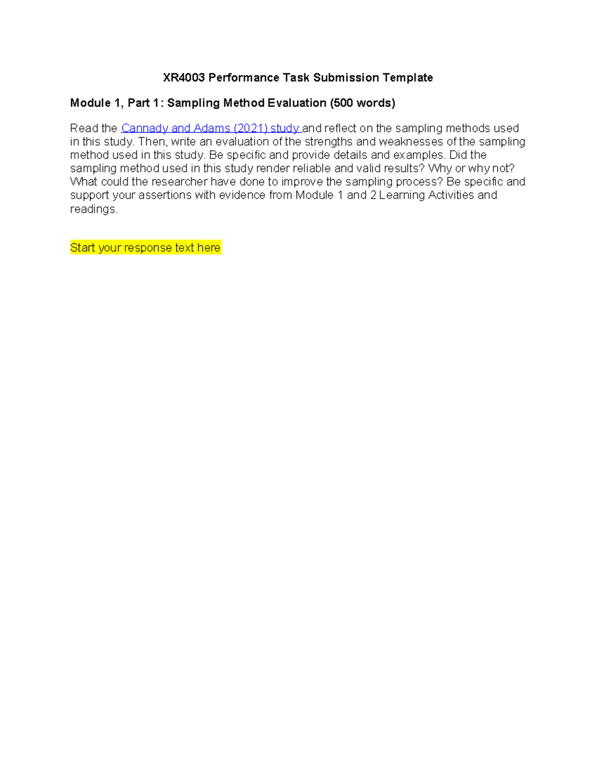XR4003 Performance Task: Sampling Method Evaluation & Quantitative ...