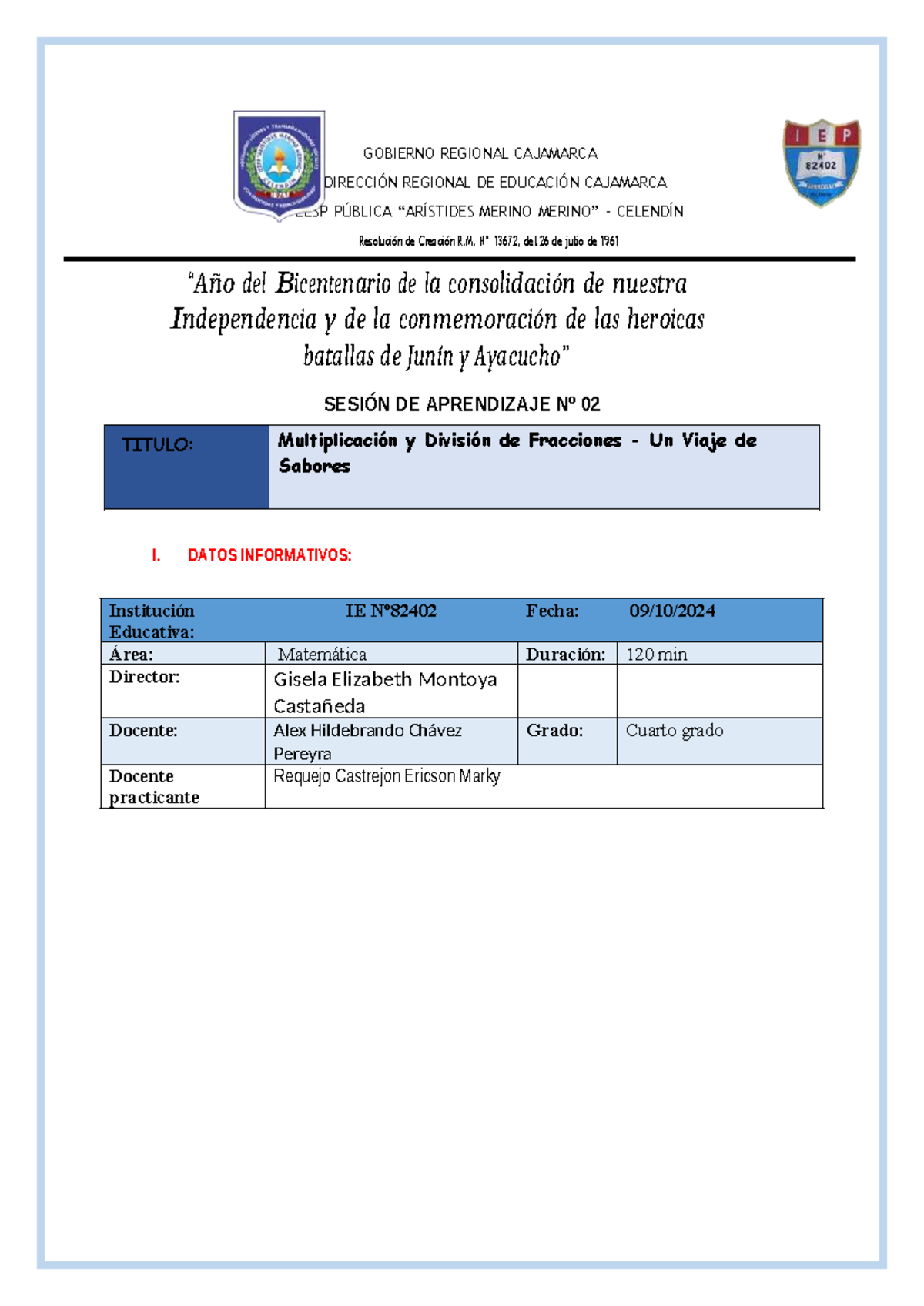 Sesión de Aprendizaje Nº 02: Multiplicación y División de Fracciones ...