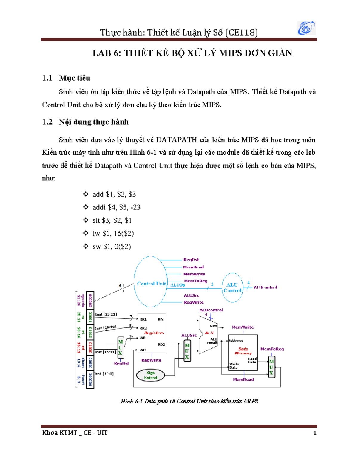 Thực hành: Thiết kế Bộ Xử Lý MIPS (CE118) - LAB 6 - Studocu