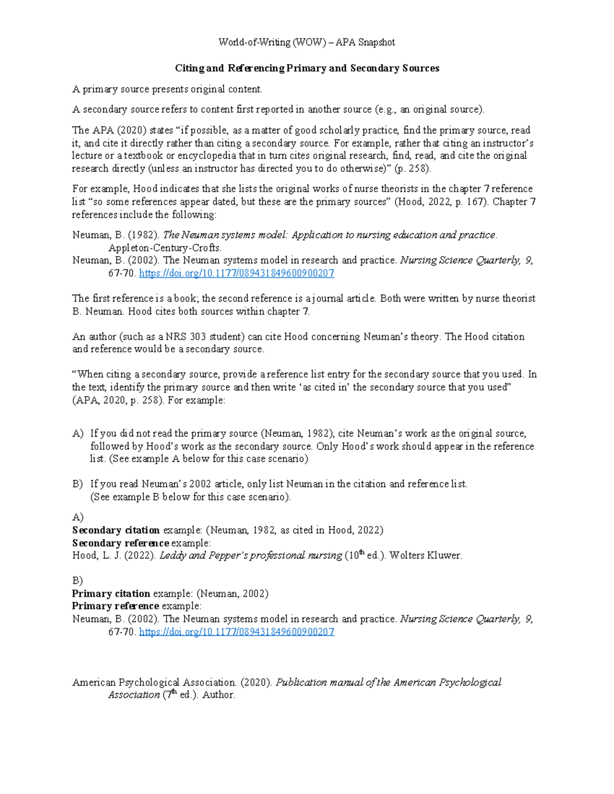 WOW - APA Snapshot: Citing Primary & Secondary Sources Explained - Studocu