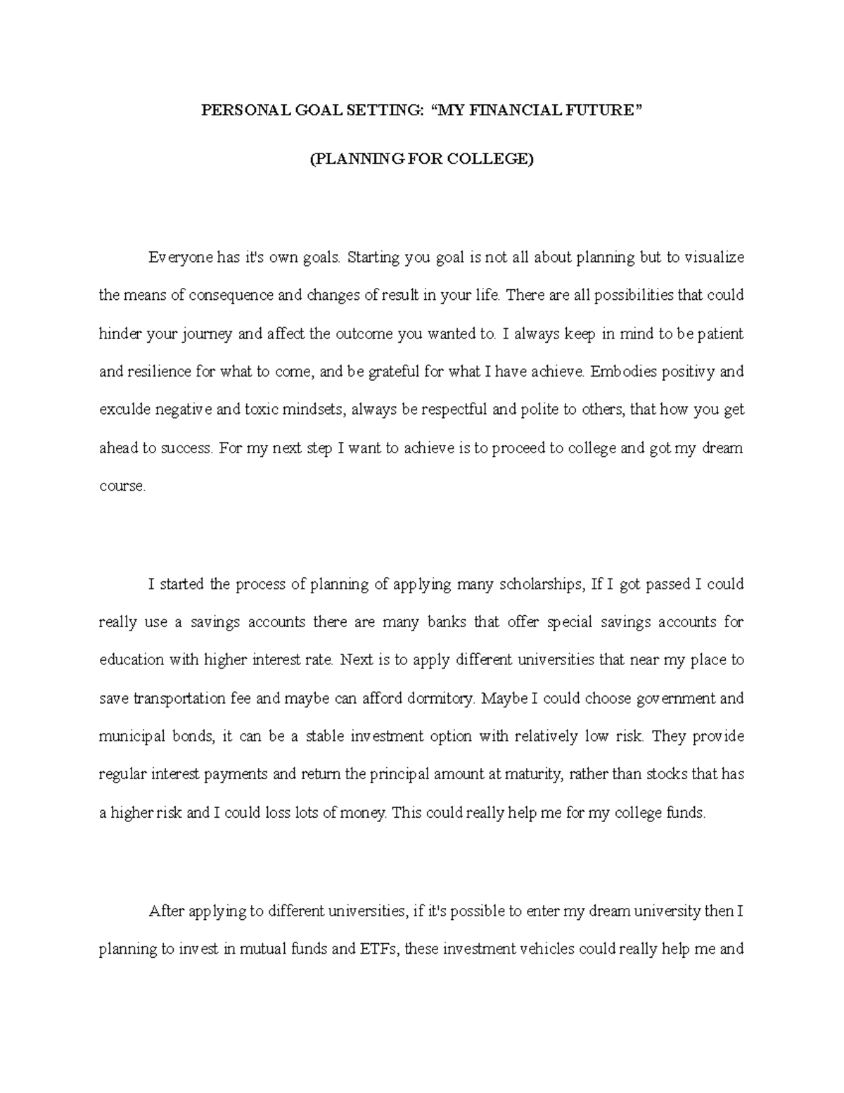 Personal GOAL Setting - PERSONAL GOAL SETTING: “MY FINANCIAL FUTURE ...