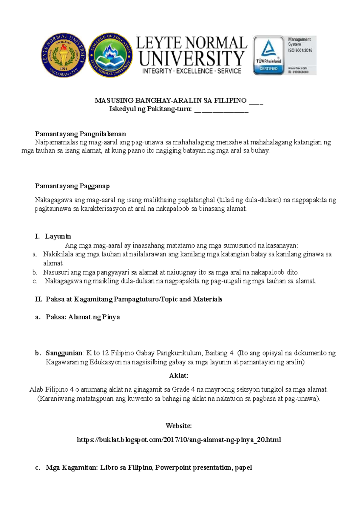 Alamat ng Pinya: Lesson Plan para sa Baitang 4 - Studocu