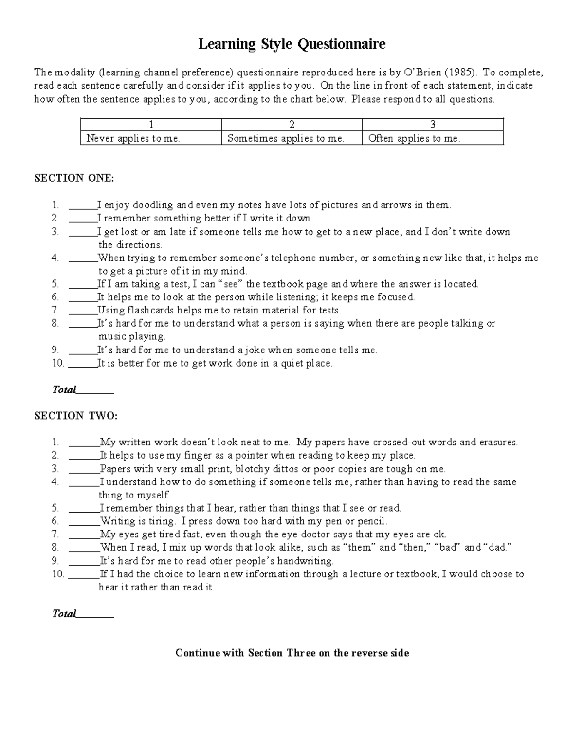 Learning Style Questionnaire: Assessing Your Modality Preferences - Studocu