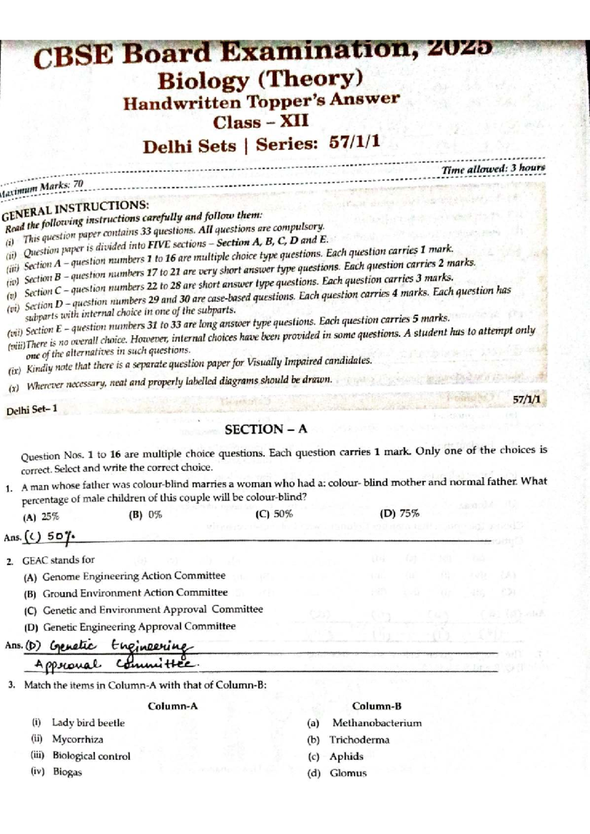 CBSE Class XII Biology 2025 Board Exam: Delhi Set PYQ Analysis - Studocu