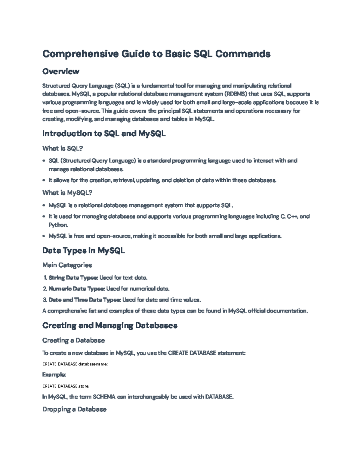 MySQL Basic SQL Operations Guide: Create, Modify & Manage Databases - Studocu