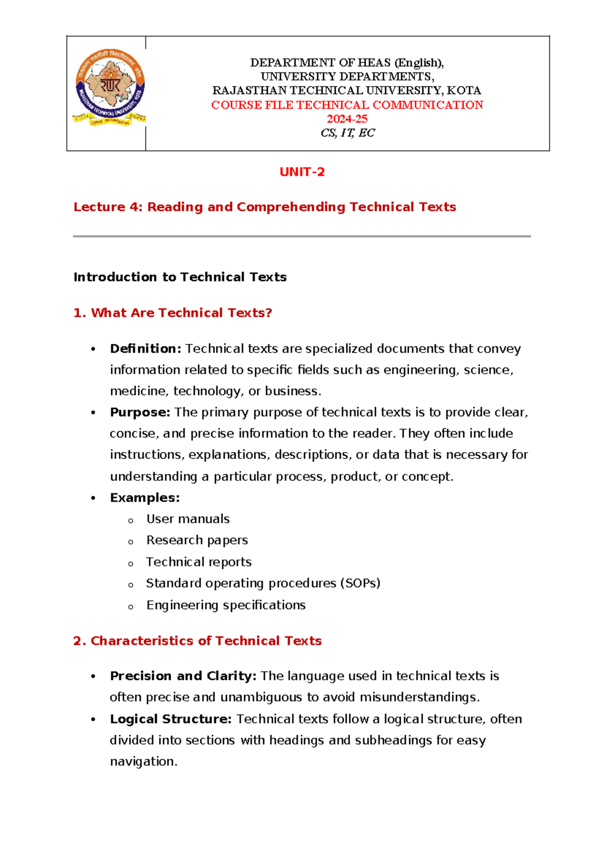 Technical Communication Course File: Reading Technical Texts (CS, IT ...