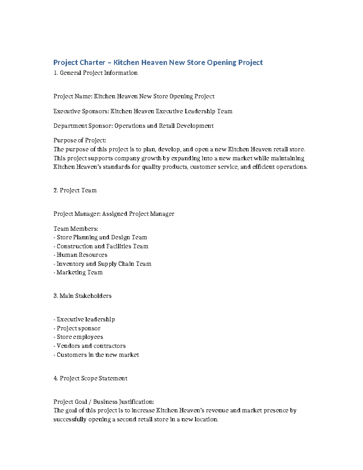 Kitchen Heaven Project Charter: New Store Opening Plan - Studocu