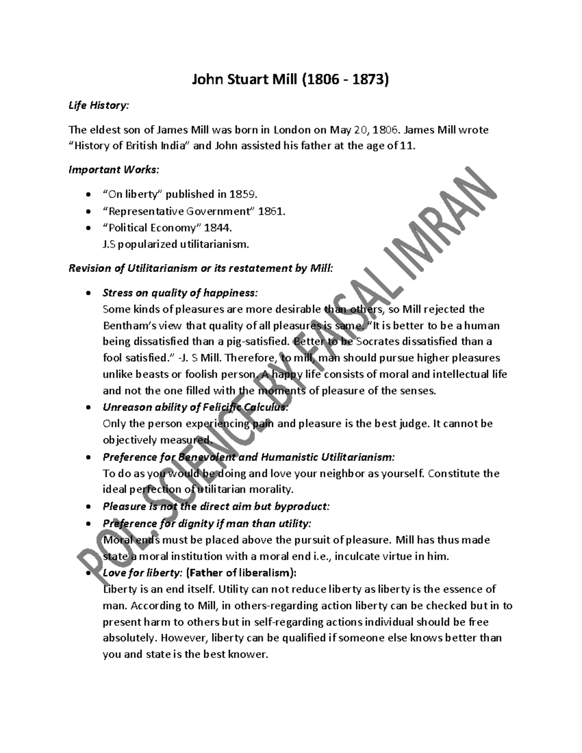 Notes j.s.Mill. - John Stuart Mill (1806 - 1873) Life History: The ...