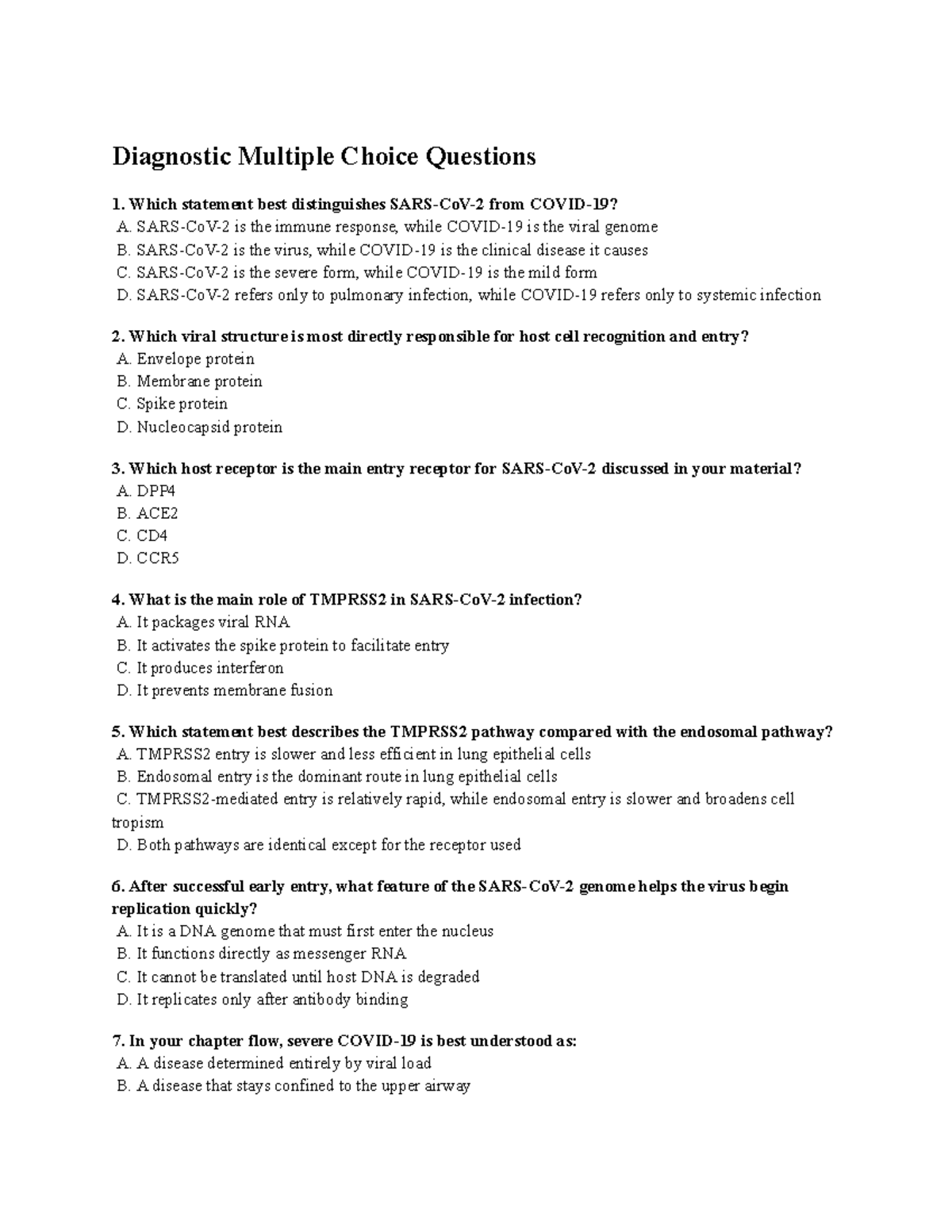 Diagnostic MCQs on COVID-19: Understanding Viral Mechanisms and ...