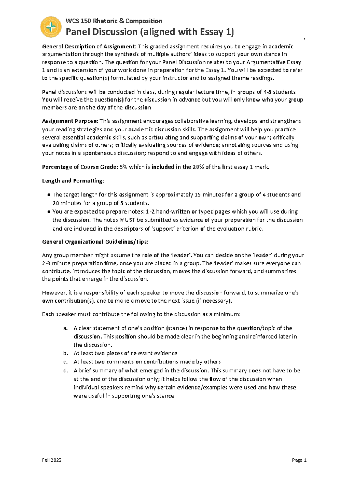 WCS 150 Essay 1 Panel Discussion Instructions - Fall 2025 - Studocu