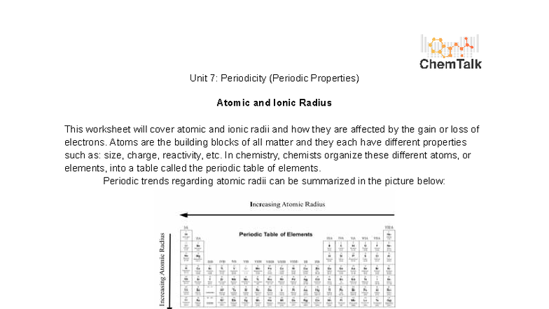 Unit 7: Periodicity (Periodic Properties) - Atomic & Ionic Radius ...