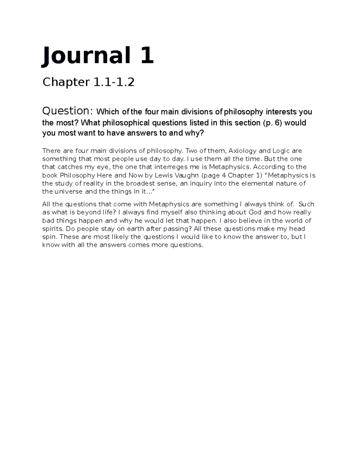 Philosophy Journal - Metaphysics Thoughts and Questions (PHIL101) - Studocu
