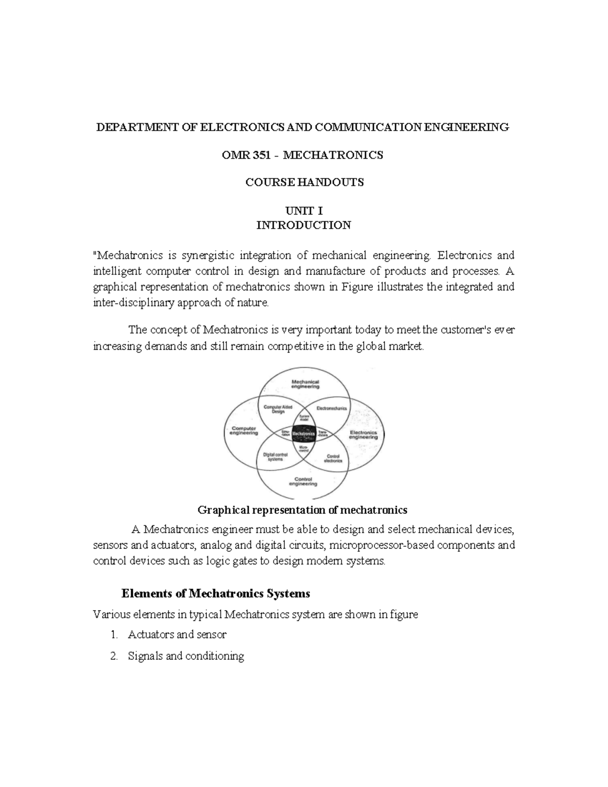 OMR 351 Mechatronics Course Handouts: Unit I Overview and Key Concepts ...