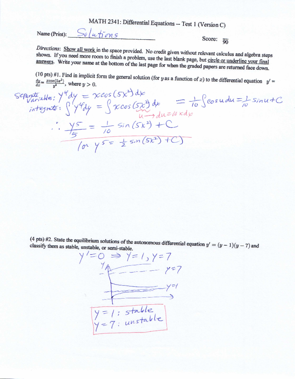 MATH 2341: Differential Equations Test 1 Solutions (Version C) - Studocu