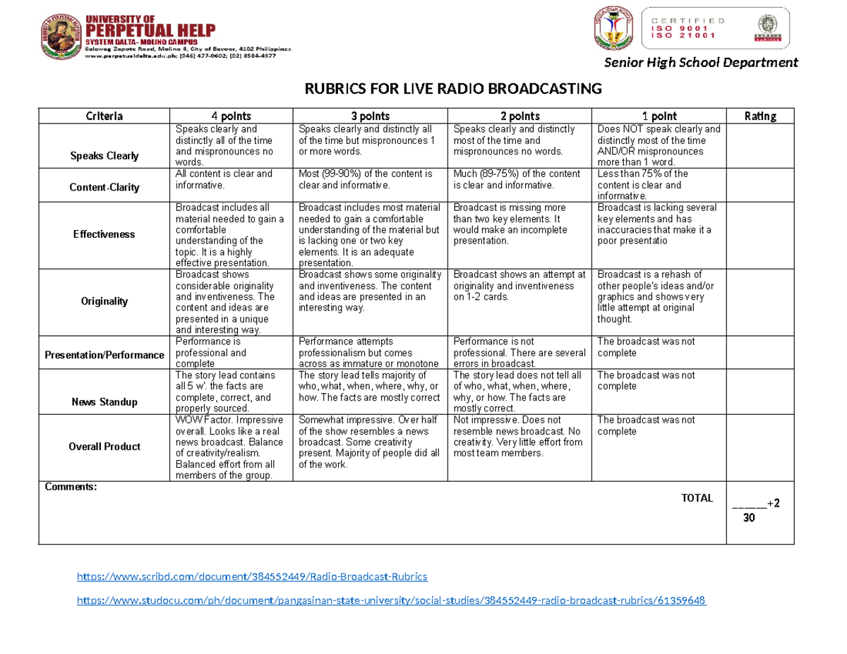 Rubrics for Live Radio Broadcasting Assessment - SHS Criteria - Studocu