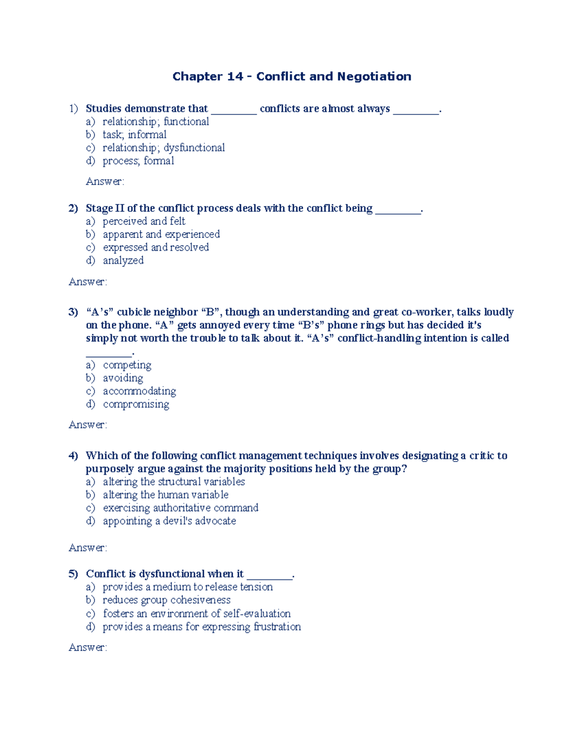 Chapter 14 Quiz: Conflict and Negotiation MCQs - Studocu