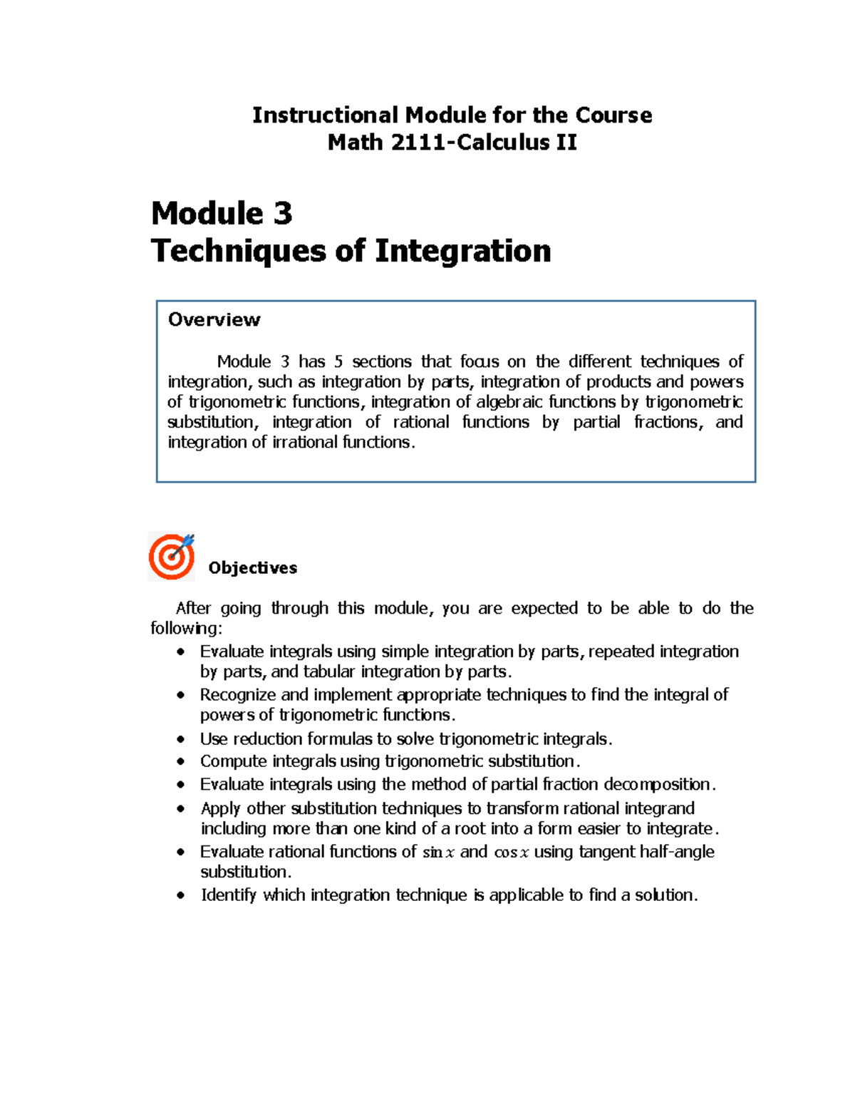 Math 2111 Module 3: Techniques of Integration with Trigonometric ...