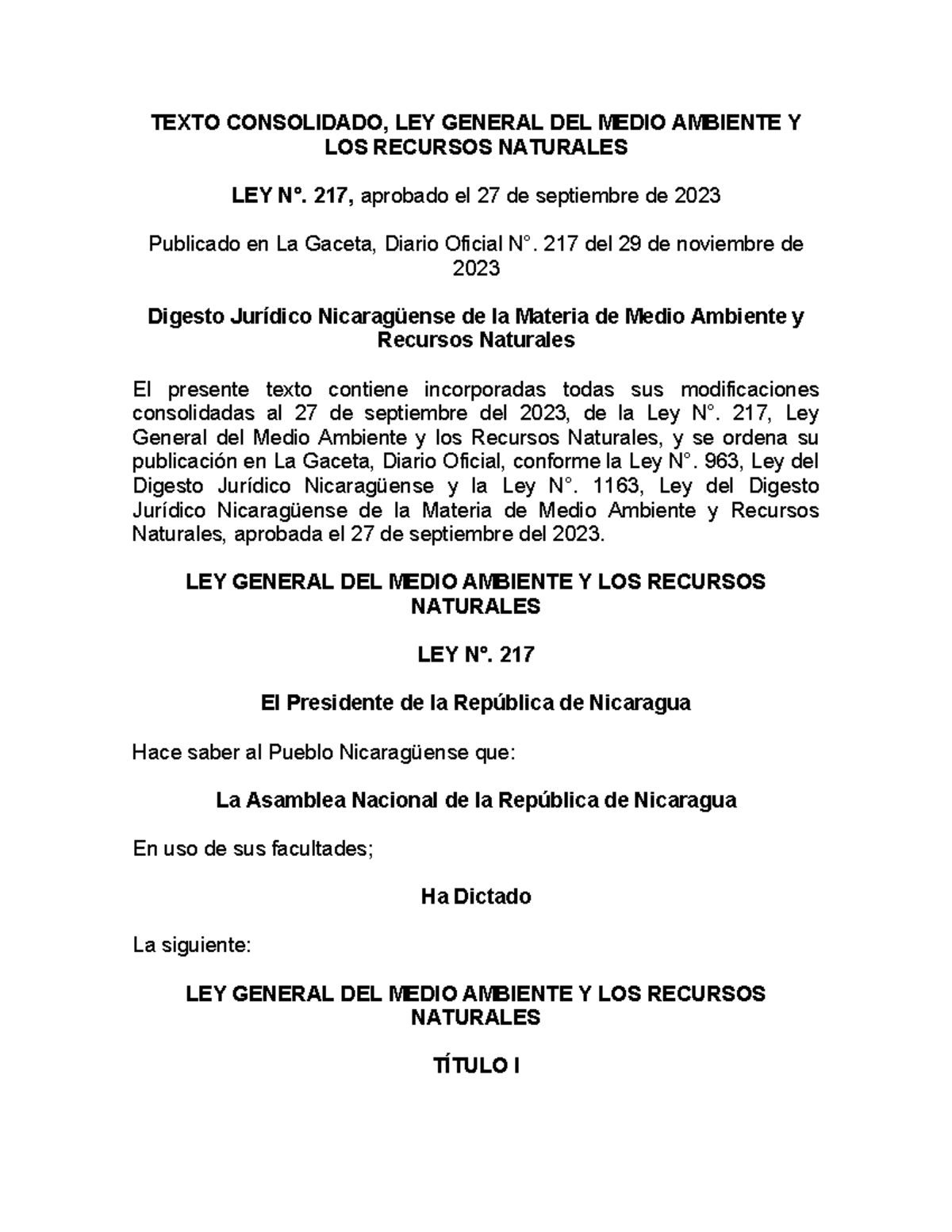 Ley General del Medio Ambiente y Recursos Naturales N° 217 (2023) - Studocu