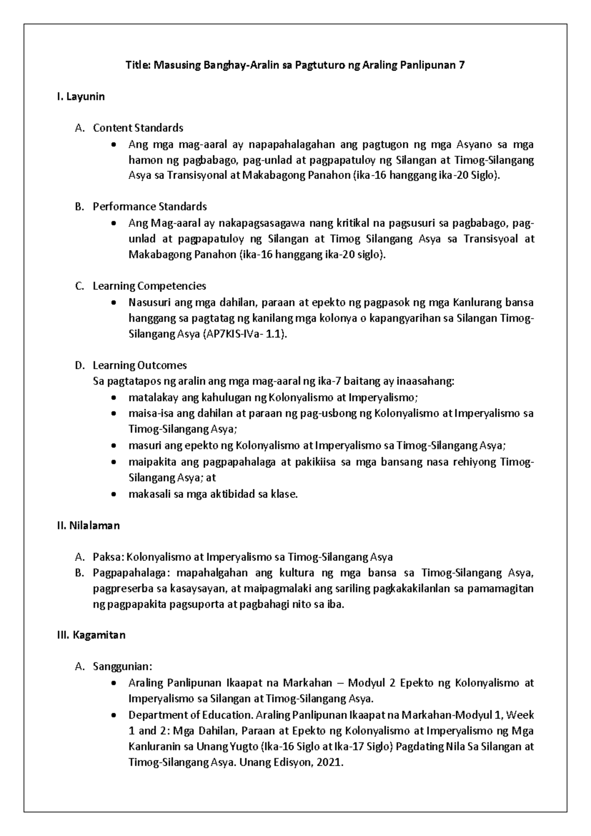 Final Output - Lesson Plan on Colonialism and Imperialism (Soced 117 ...