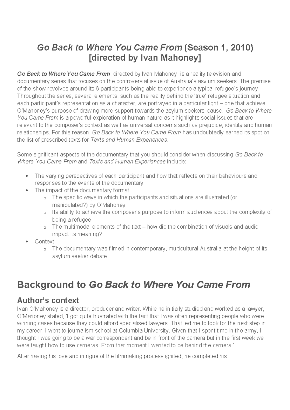 Go Back to Where You Came From (Season 1, 2010) - Study Notes and ...