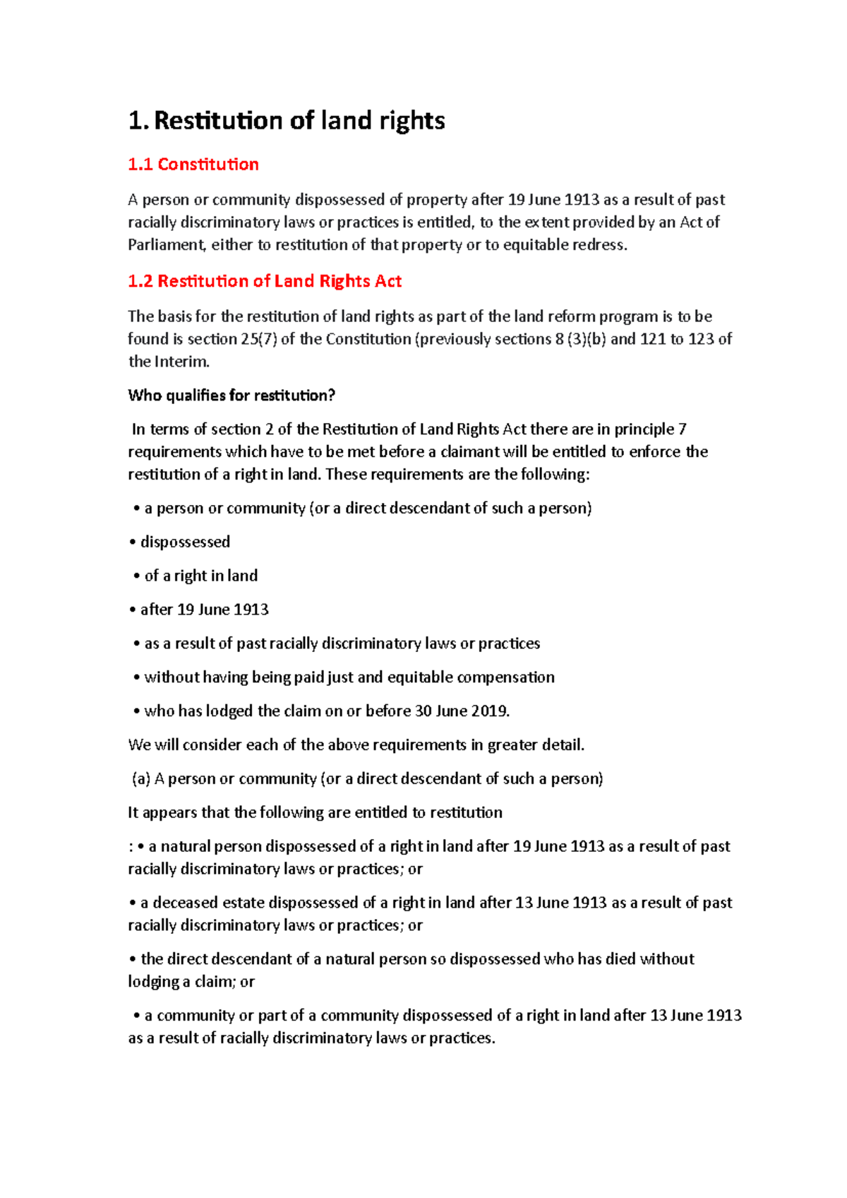 Restitution of Land Rights: Key Concepts and Legal Framework - Studocu