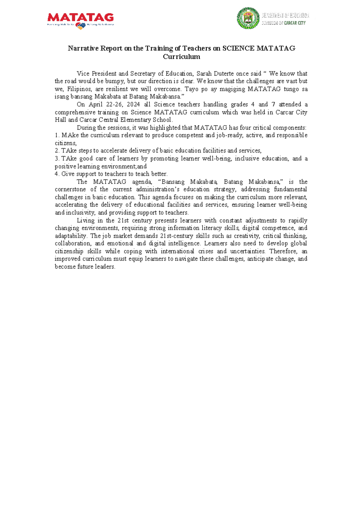 Narrative Report: Teacher Training on SCIENCE MATATAG Curriculum - Studocu
