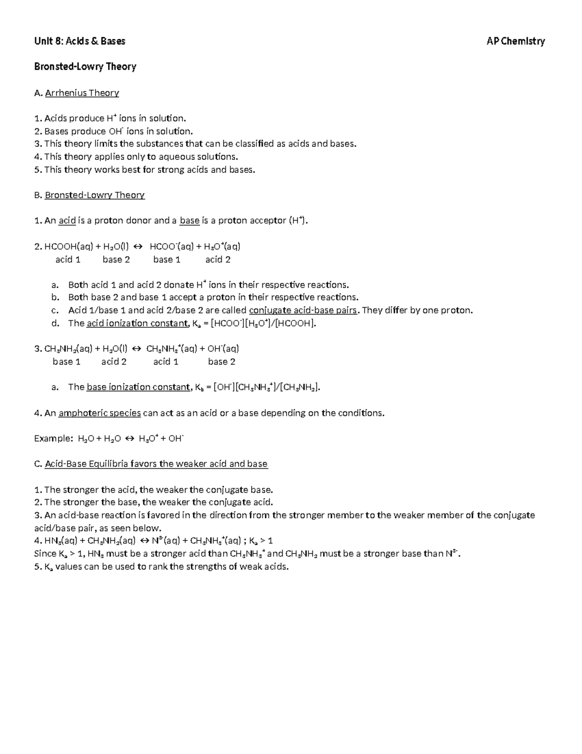 Unit 8: Acids & Bases - AP Chemistry Study Notes - Studocu