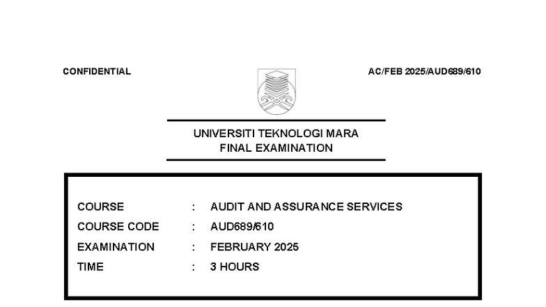 AUD689 Final Exam: Audit & Assurance Services - Feb 2025 - Studocu