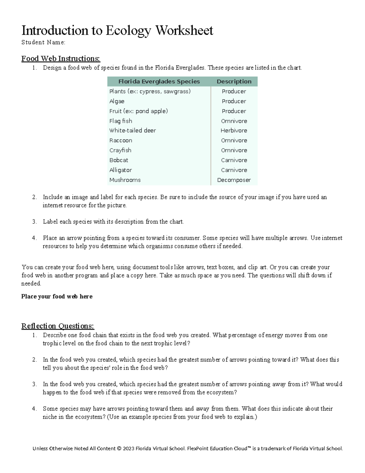 03 FLVS Introduction to Ecology: Food Web Worksheet and Questions - Studocu