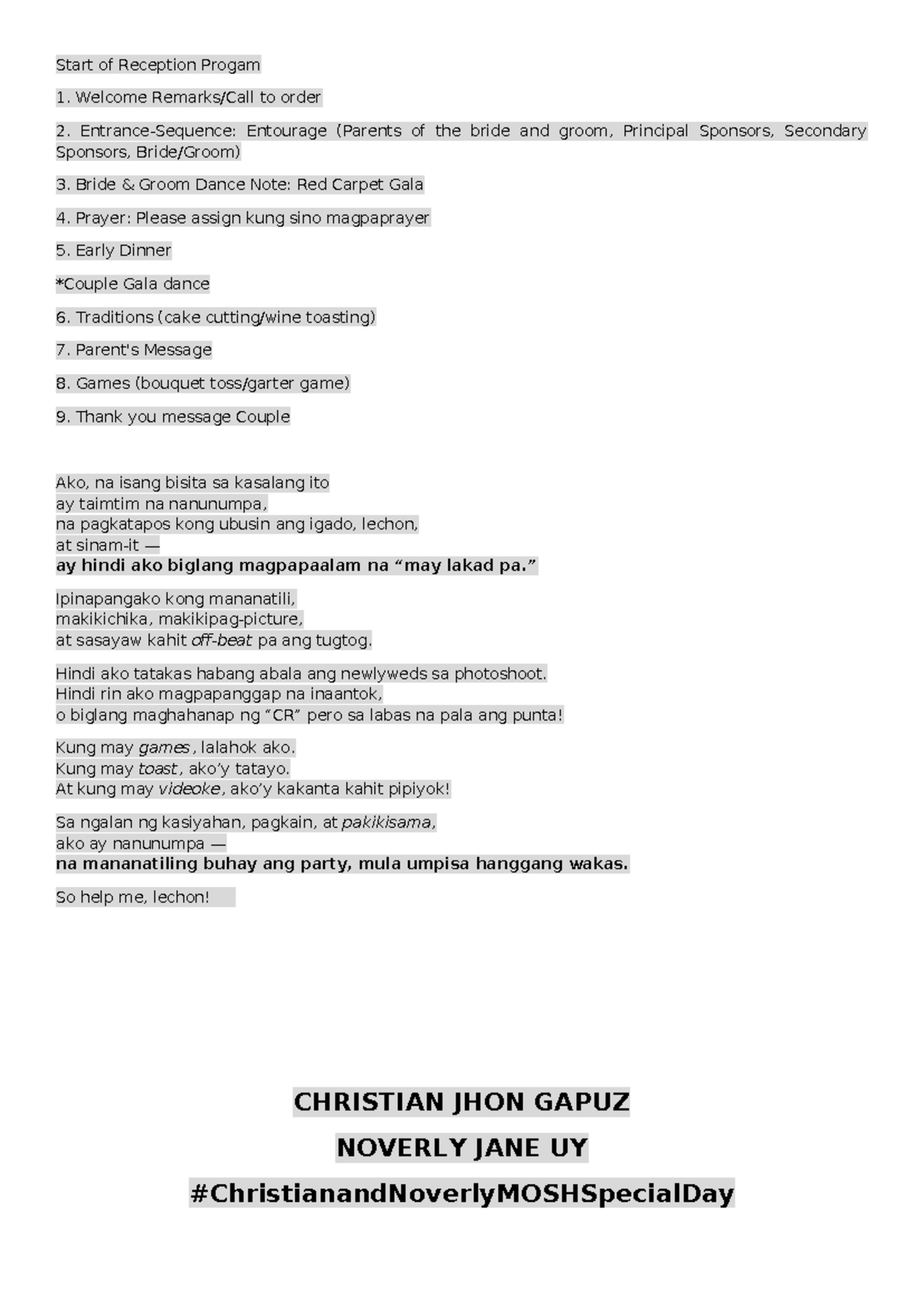 Wedding Reception Program Script: Gapuz-Uy Celebration - Studocu
