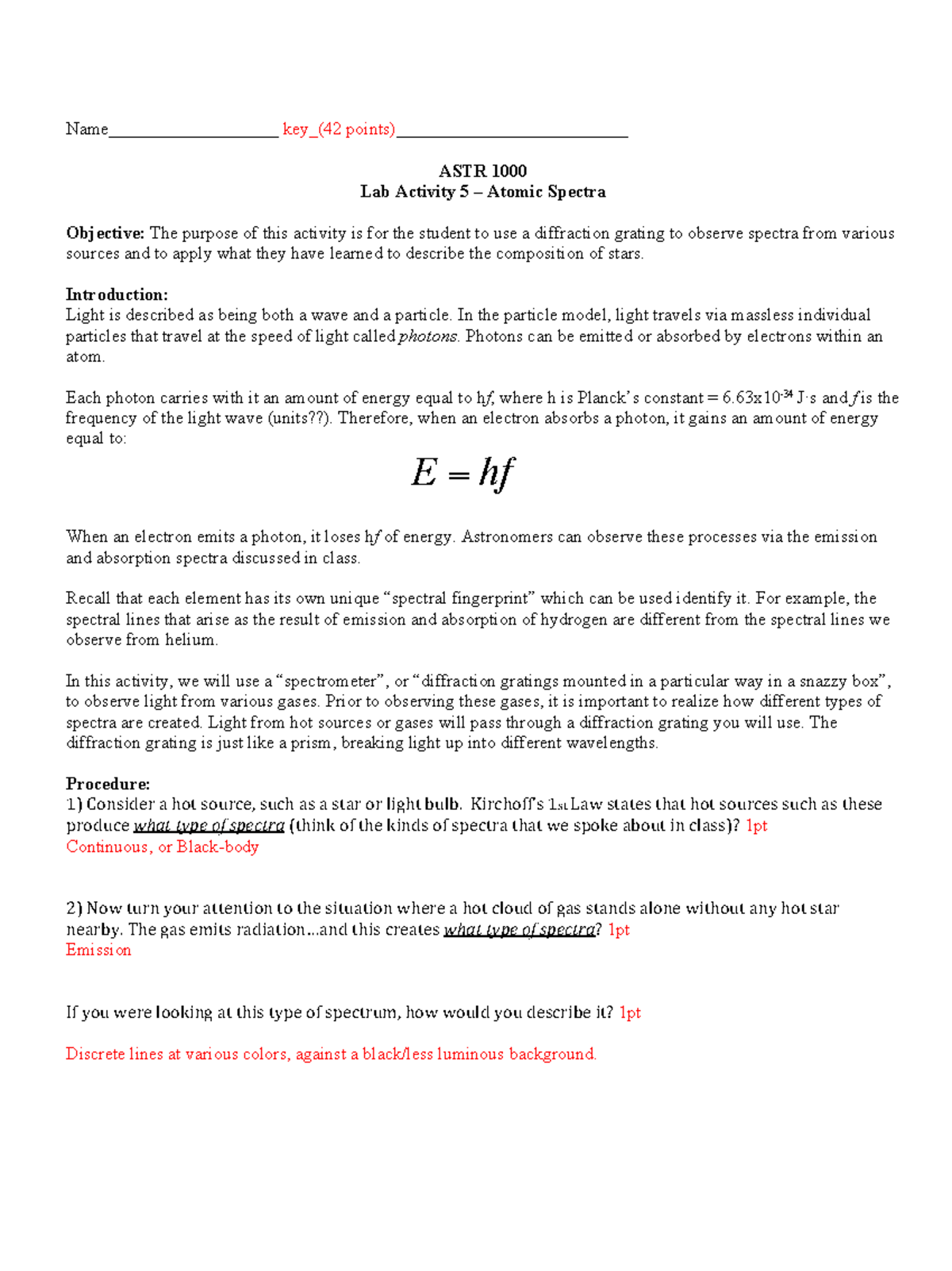 ASTR 1000 Lab 5: Key Answers for Spectroscopy Activity - Studocu