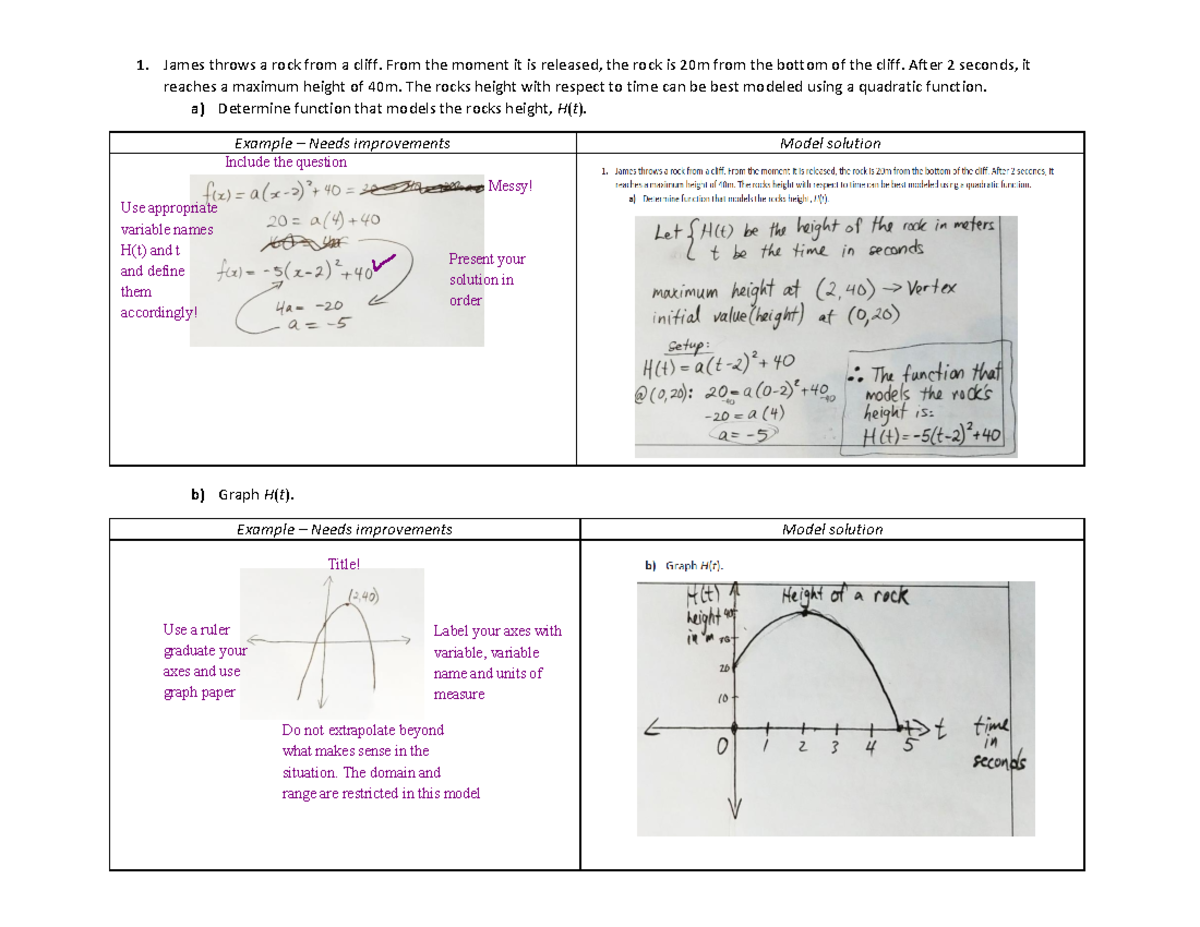 MHF4U - Quadratic Model of Rock Height: H(t) Analysis and Graph - Studocu