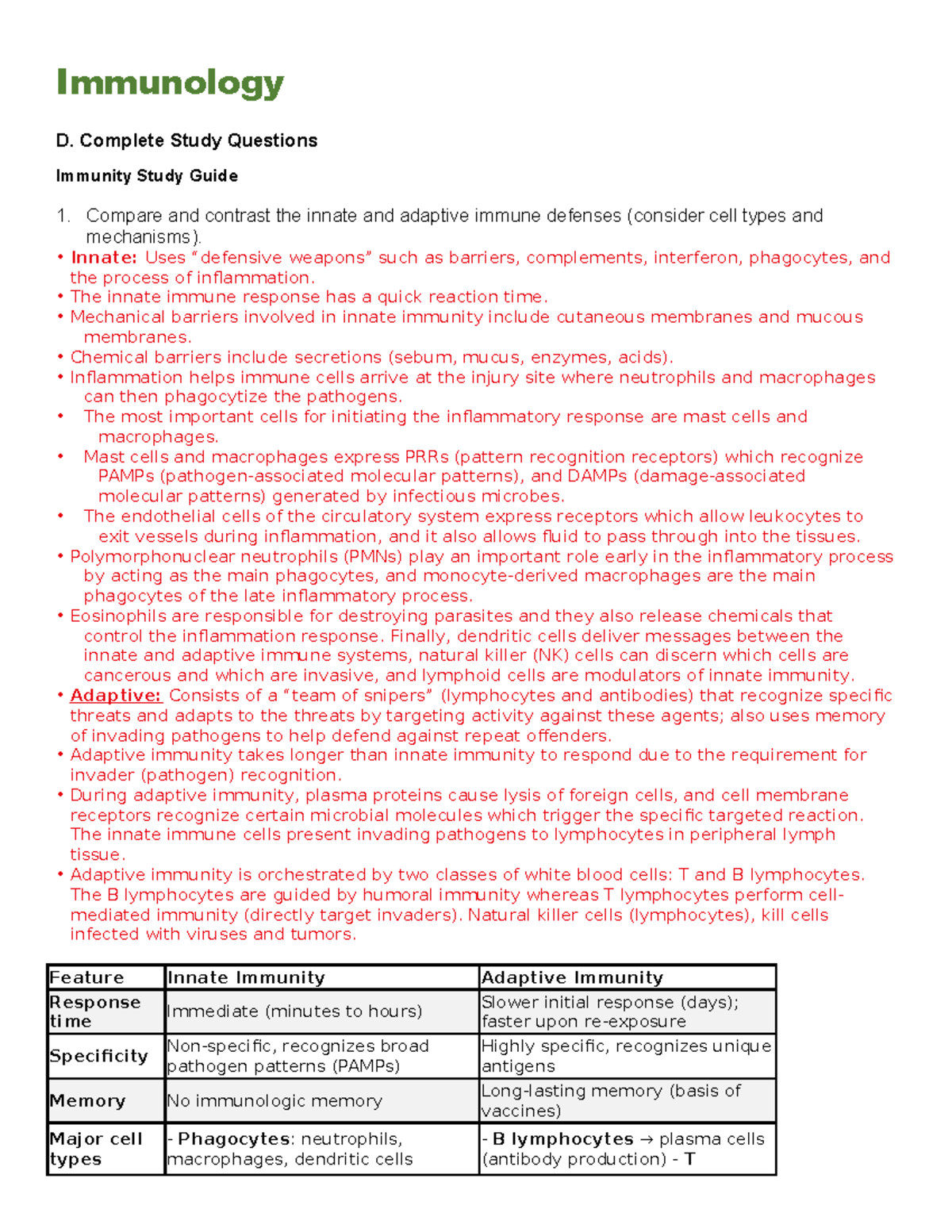 Immunology D: Study Guide on Innate vs Adaptive Immune Systems - Studocu
