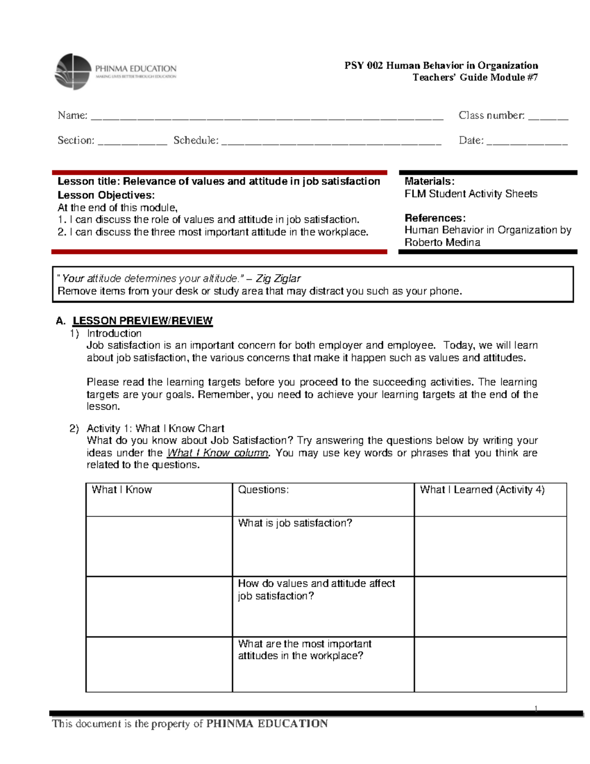 PSY 002 Lesson on Values and Attitudes in Job Satisfaction - Studocu