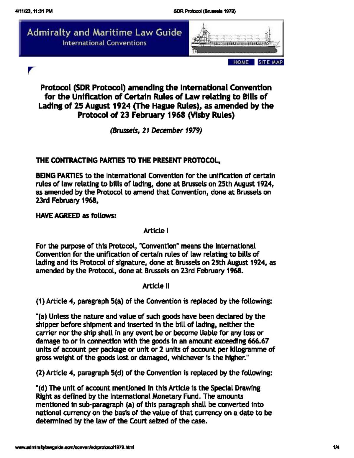 Brussels 1979 SDR Protocol: Amendments to Bills of Lading Rules - Studocu