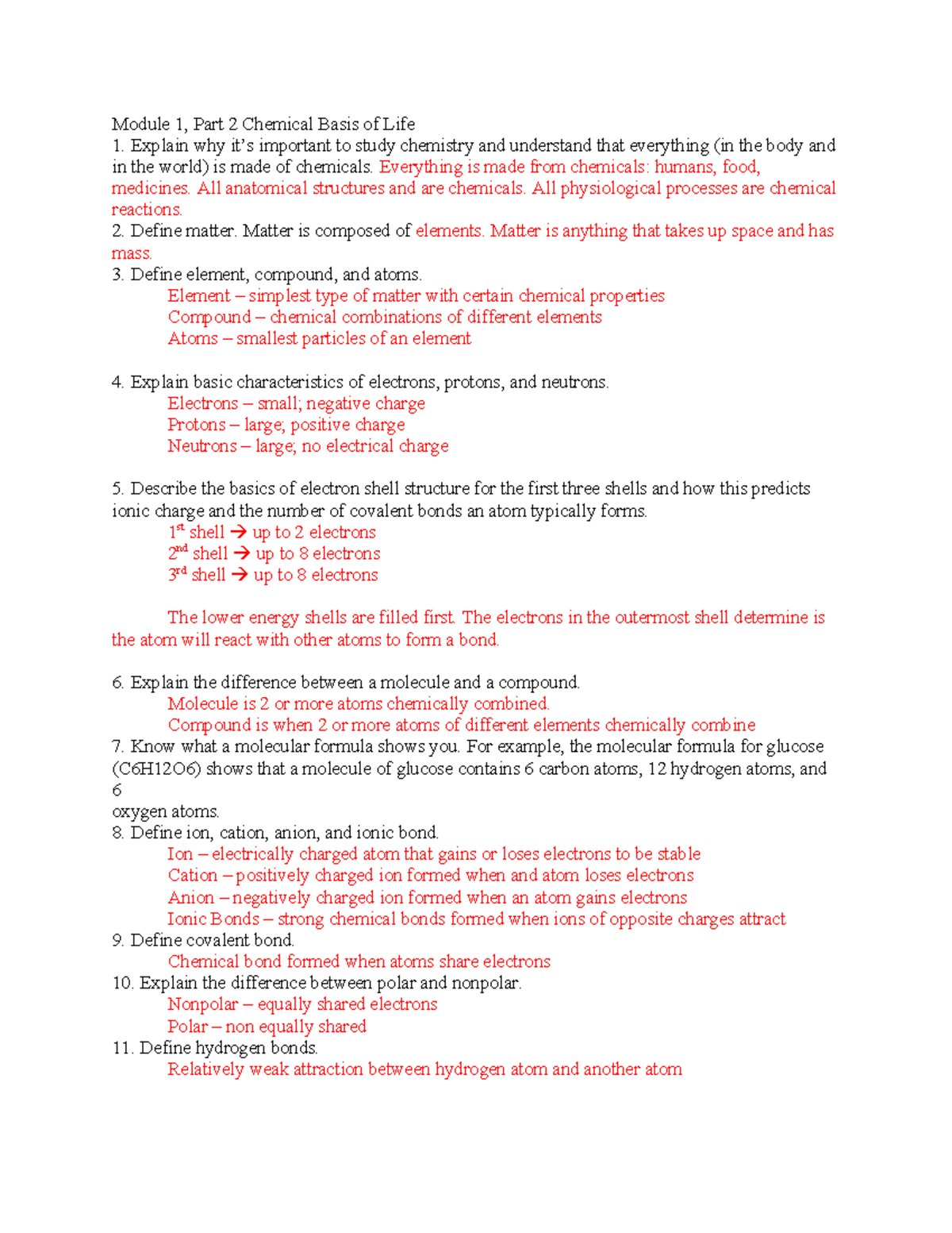 Chapter 2 - Chemical Basis of Life: Key Concepts & Definitions - Studocu